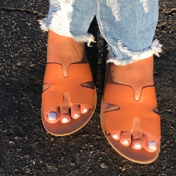 Shoes | H Faux Leather Sandals In Tan | Poshmark